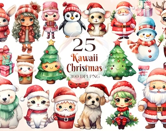 Cute Kawaii Christmas Clipart Set of 65, Watercolor Clipart Bundle ...