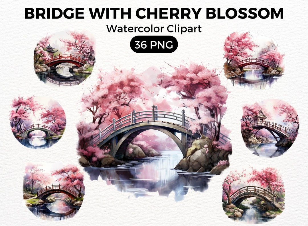 Garden Bridge Cherry Blossom Clipart, Garden Clipart, Digital ...