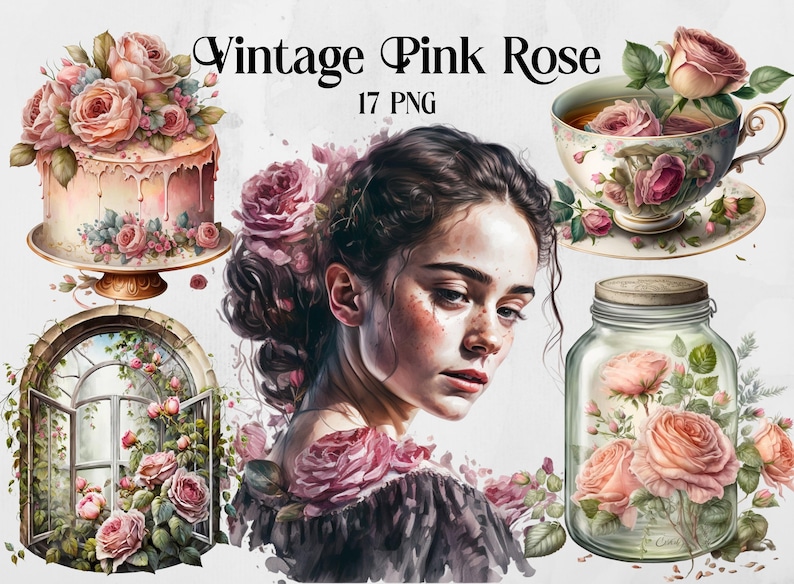 Watercolour Vintage Pink Rose Clipart Vintage Lady PNG - Etsy