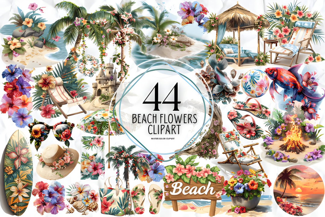 Beach Flowers Clipart - Summer Flowers Clipart Bundle of 55 Transparent ...