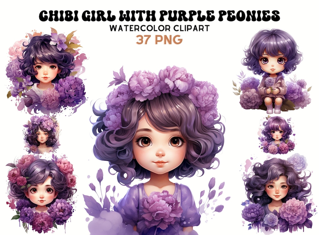 Chibi Girls Purple Peonies, Watercolor Girls, Cute Illustrations ...