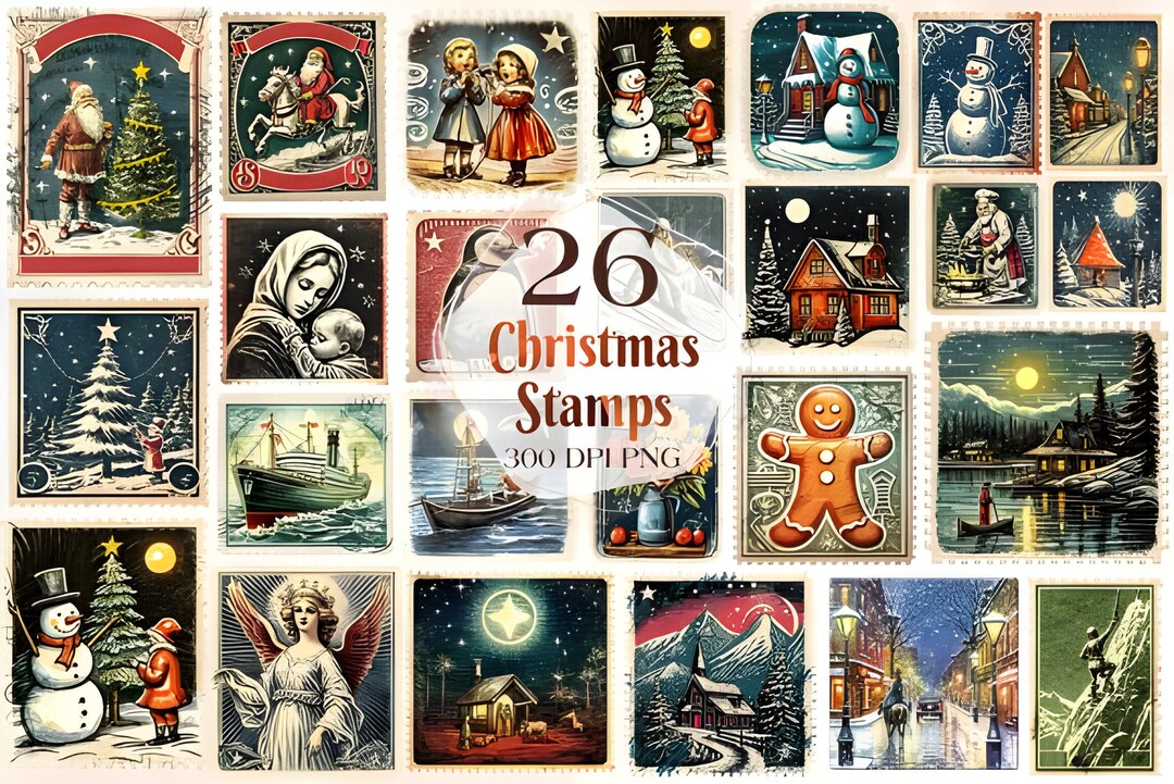 Vintage Christmas Stamps Clipart Painted Christmas Clipart Christmas ...