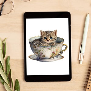 Watercolour Vintage Teacup Kittens Clipart - Kawaii Cat PNG Digital ...