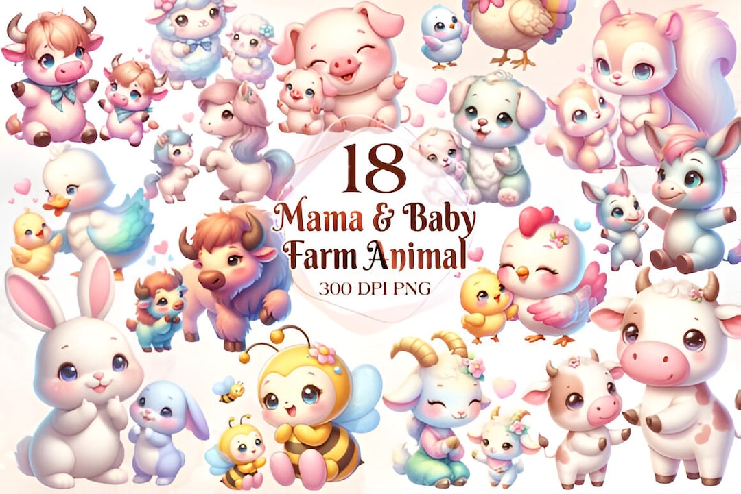 Watercolor Cute Mom and Baby Farm Animals Clipart, Woodland Animal Nursery, Bear Bunny Kitten ...