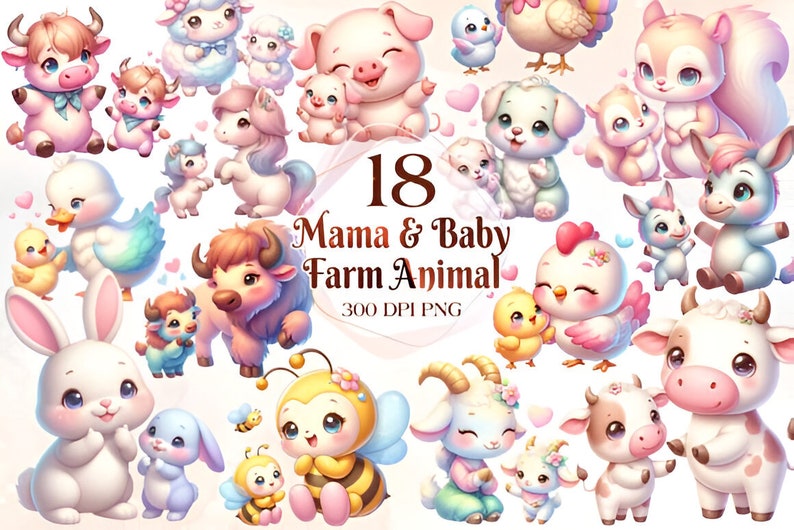 Watercolor Cute Mom and Baby Farm Animals Clipart, Woodland Animal ...