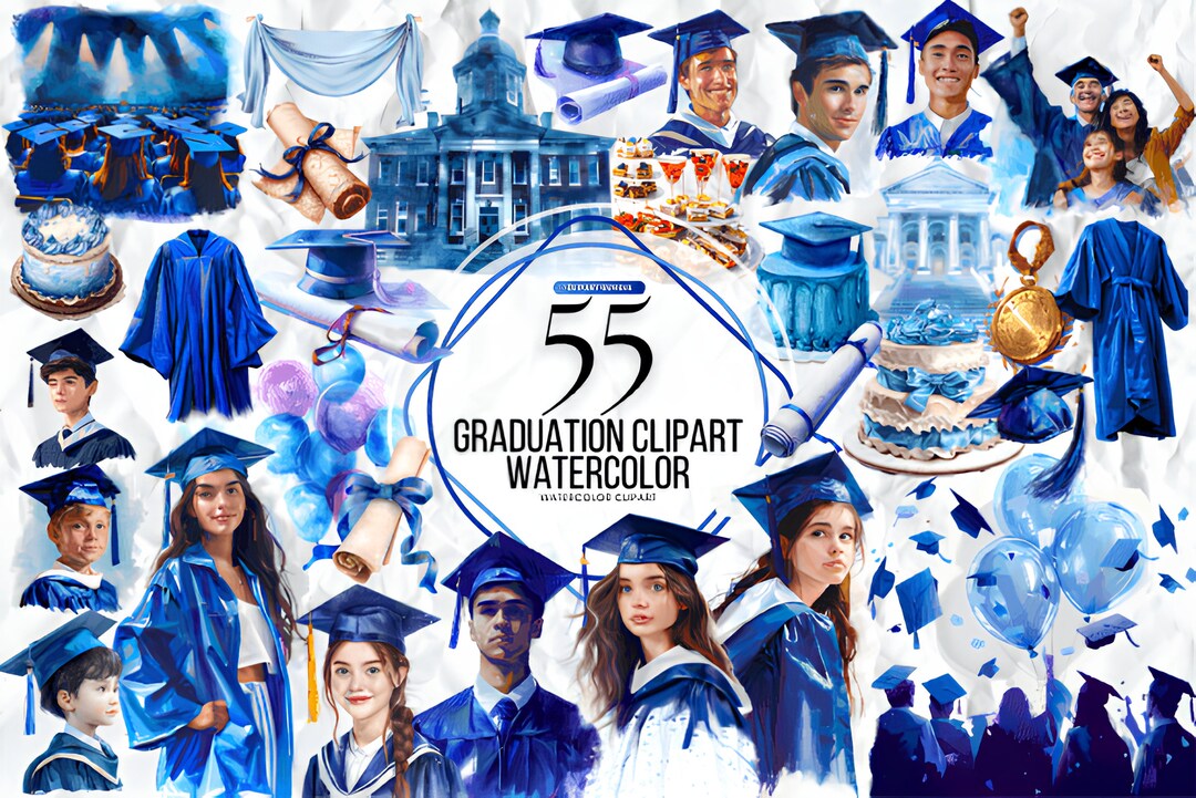 Watercolor Graduation Collection Clipart, 55 PNG Grad Floral Blue ...