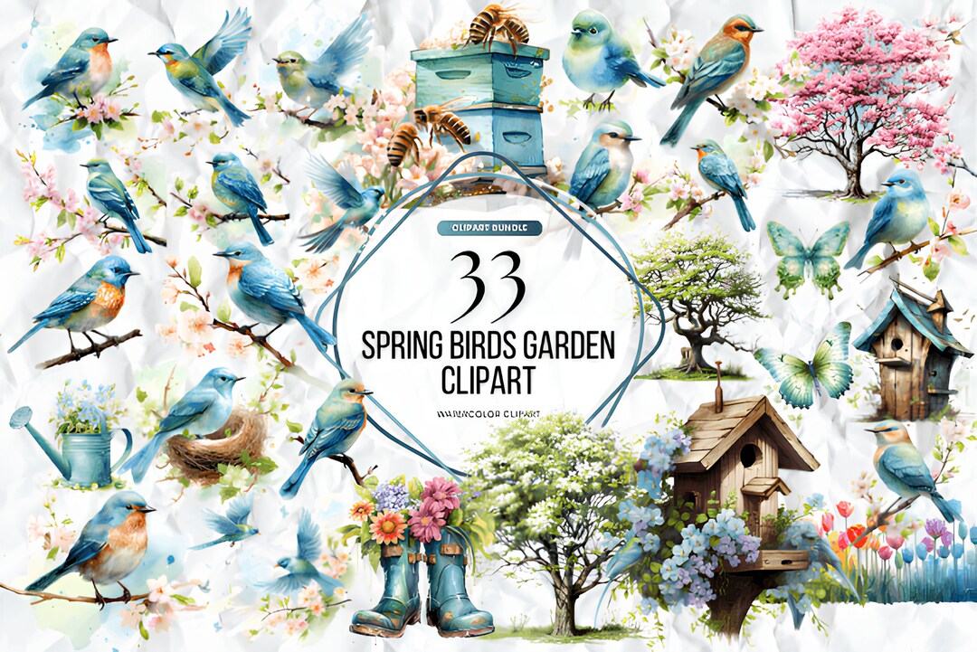 Watercolor Spring Birds Gardens Clipart, Spring Birds Clipart, Birds ...