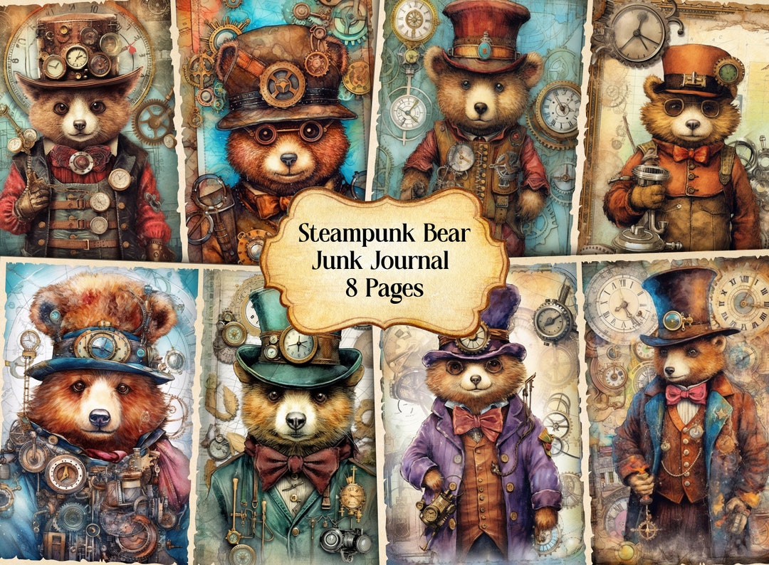 Watercolor Steampunk Bear Junk Journal Printable Page, Steampunk Junk ...