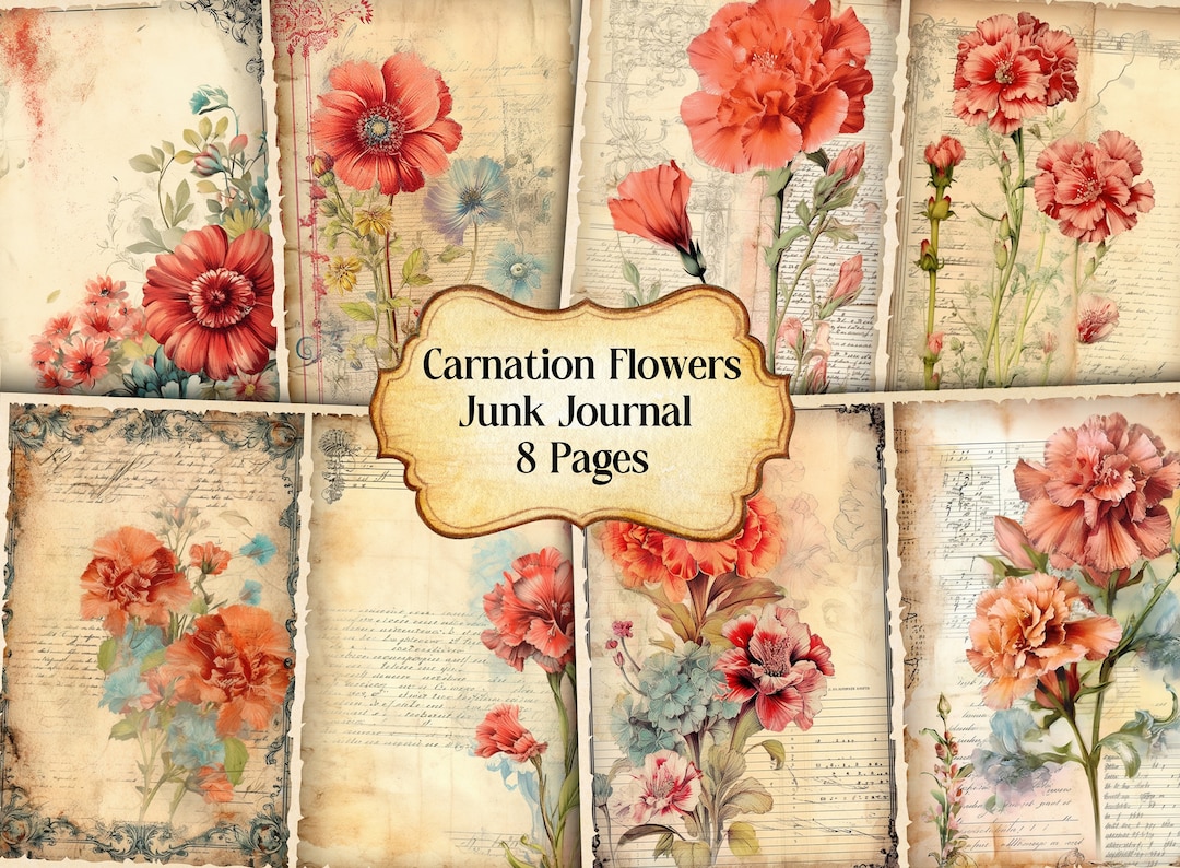 Carnation Junk Journal Kit, Vintage Carnation Flowers Journal Pages ...