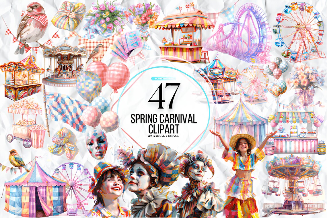 Pastel Spring Carnival Clipart, Watercolor Fair Festival PNG Digital ...