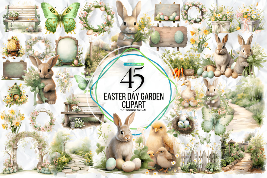 Watercolor Easter Day Garden Clipart PNG Bundle L Spring Clip Art L ...