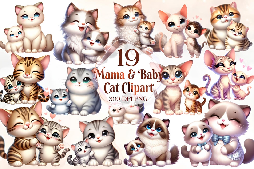 Watercolor Cute Mom and Baby Cat Clipart, Cute Kittens Animal Nursery ...