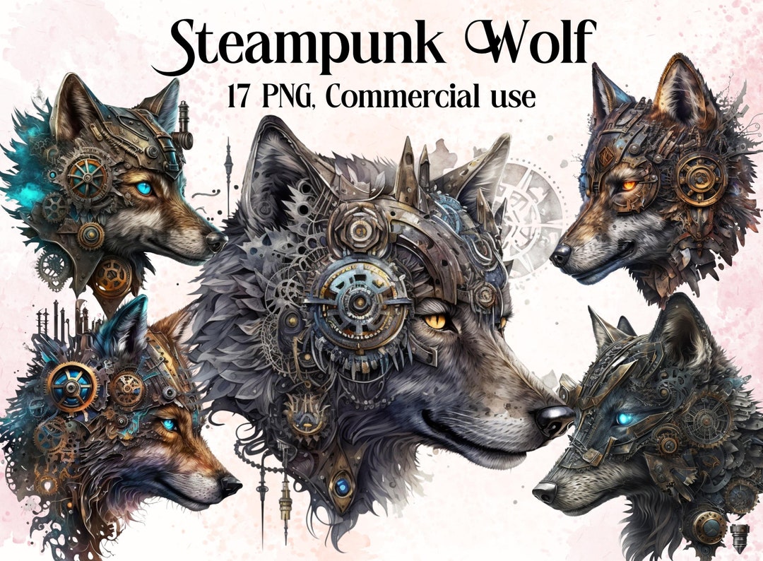 17 Watercolour Steampunk Wolves Clipart Bundle , Steampunk Wolf, Png ...