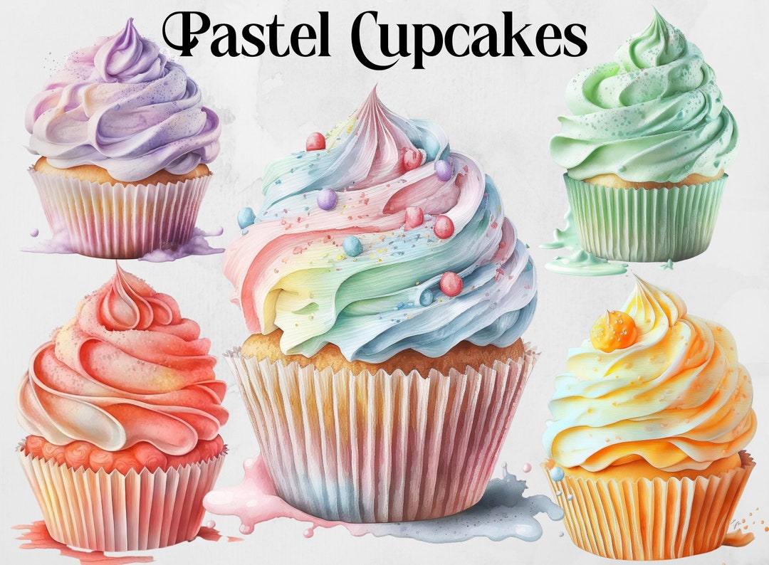 Watercolour Pastel Cupcake Clipart - Rainbow Birthday Cake PNG Digital ...
