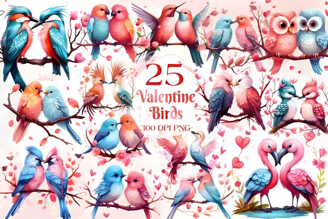 Love Birds Watercolor Clipart, Valentines Day Cards Invites Craft ...