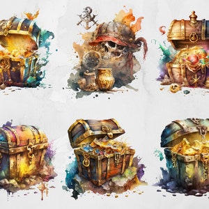 Watercolor Treasure Chest Clipart Bundle, Pirate Treasure Clipart ...
