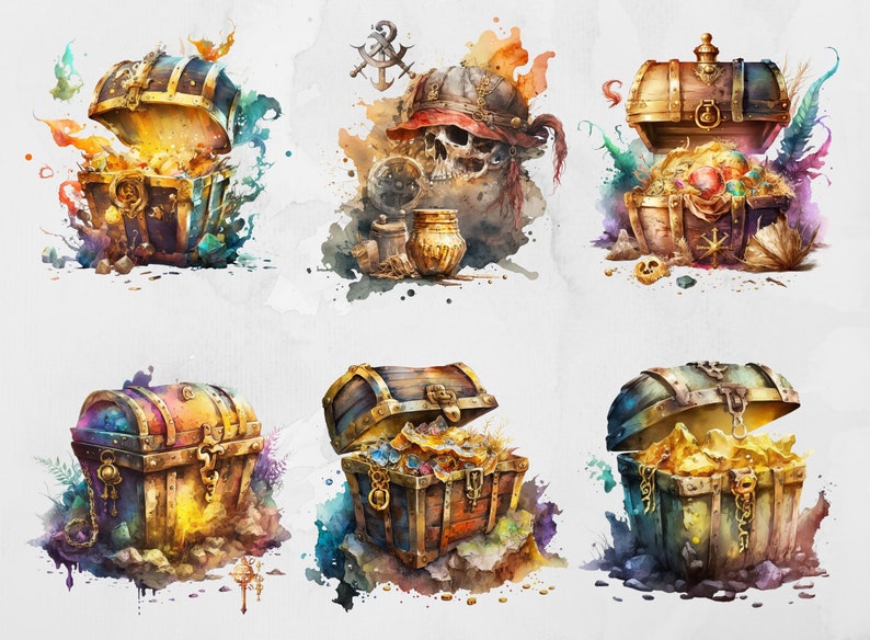 Watercolor Treasure Chest Clipart Bundle Pirate Treasure - Etsy