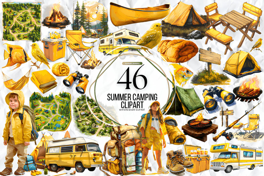 Watercolor Summer Camping Clipart, Camping Supplies Download, Instant ...