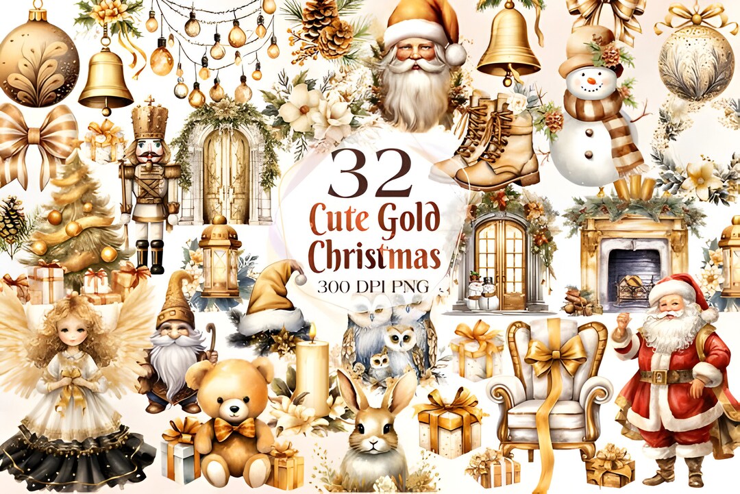 Cute Gold Christmas Clipart Painted Watercolor Christmas Clipart ...
