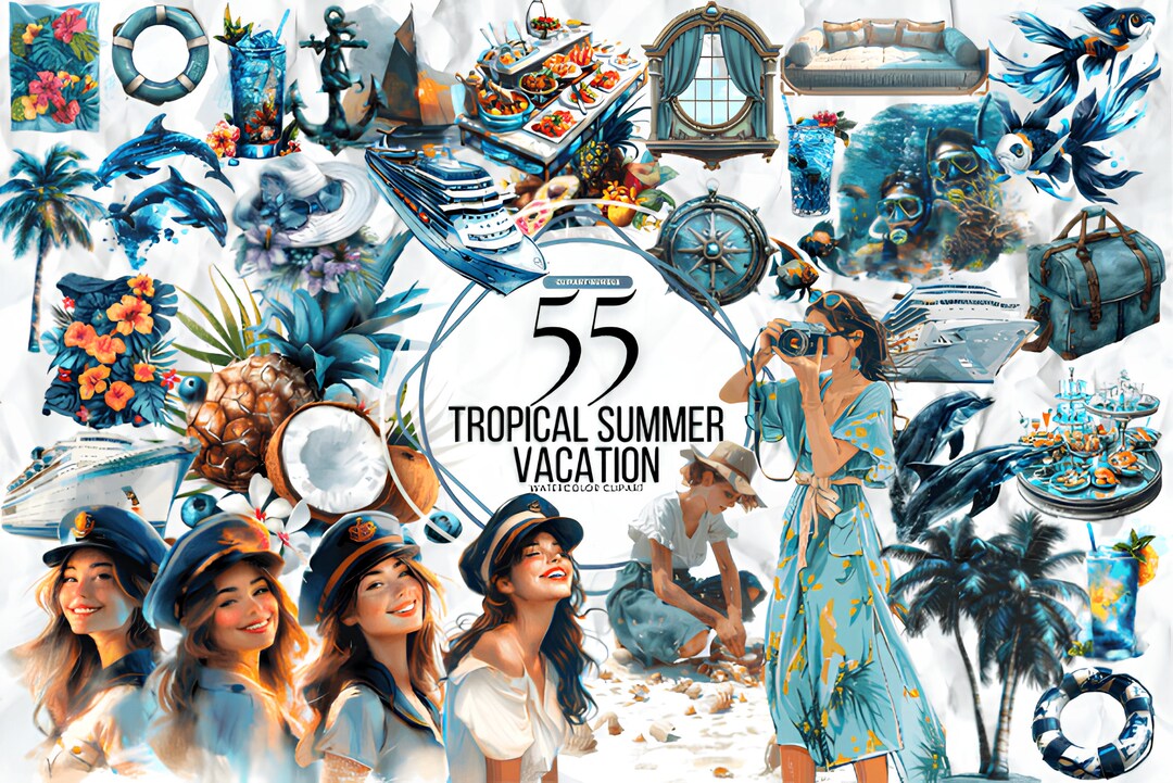 Watercolour Tropical Summer Vacation Beach Vacation Clipart Bundle ...