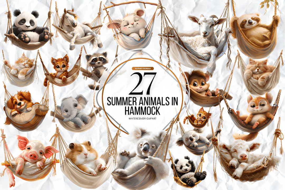 Watercolor Summer Cute Animals in Hammock PNG | Clipart | Baby Animals ...