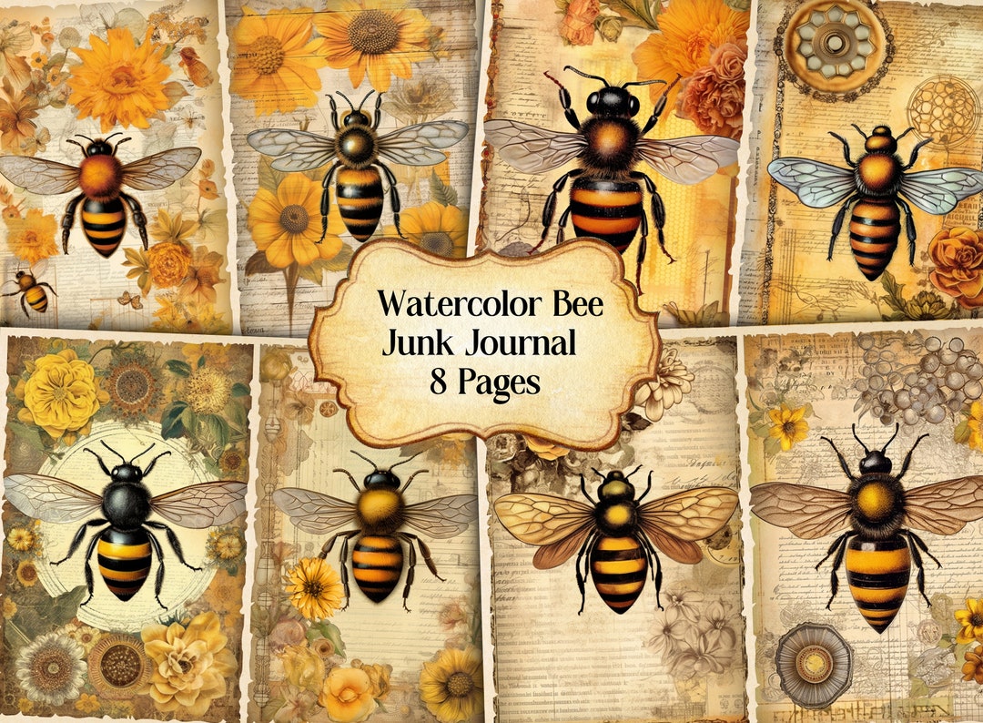 Watercolor Bee Junk Journal Pages, Vintage Bee Junk Journal Kit, Junk ...