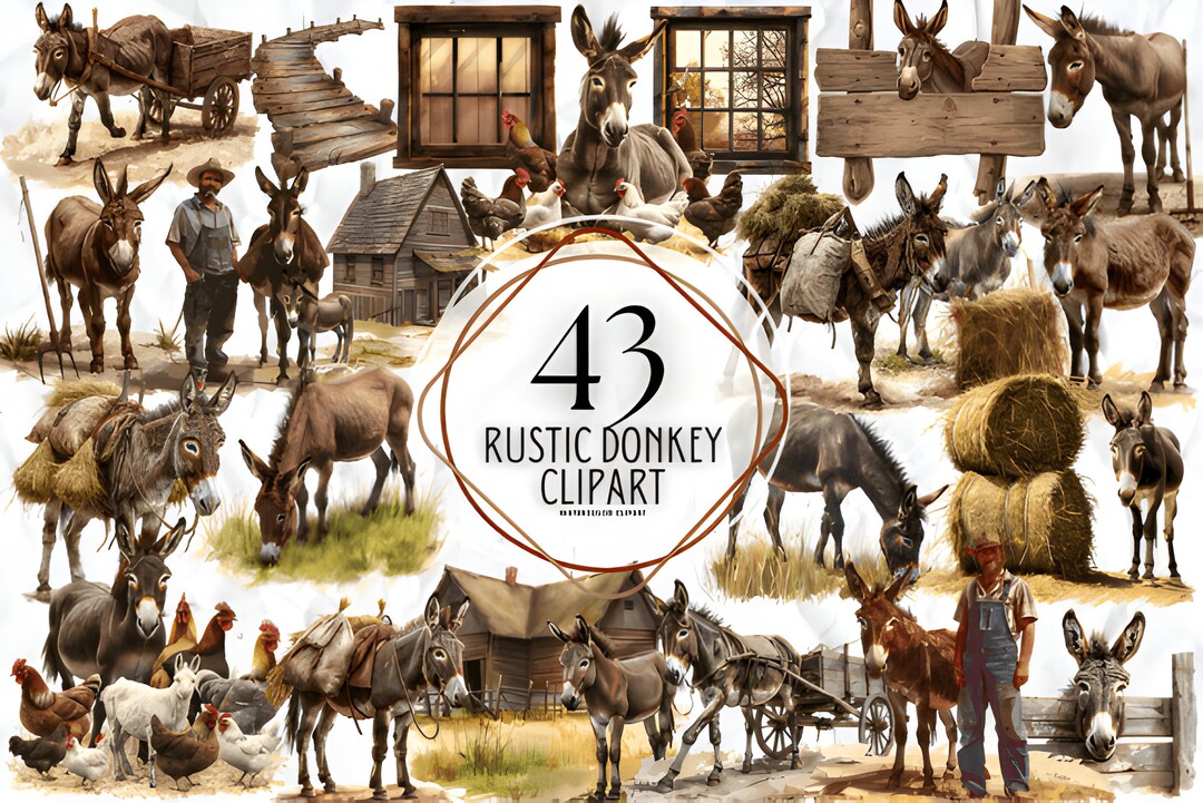 Rustic Donkey Clipart PNG - Grumpy Donkey, Printable Watercolor Clipart ...