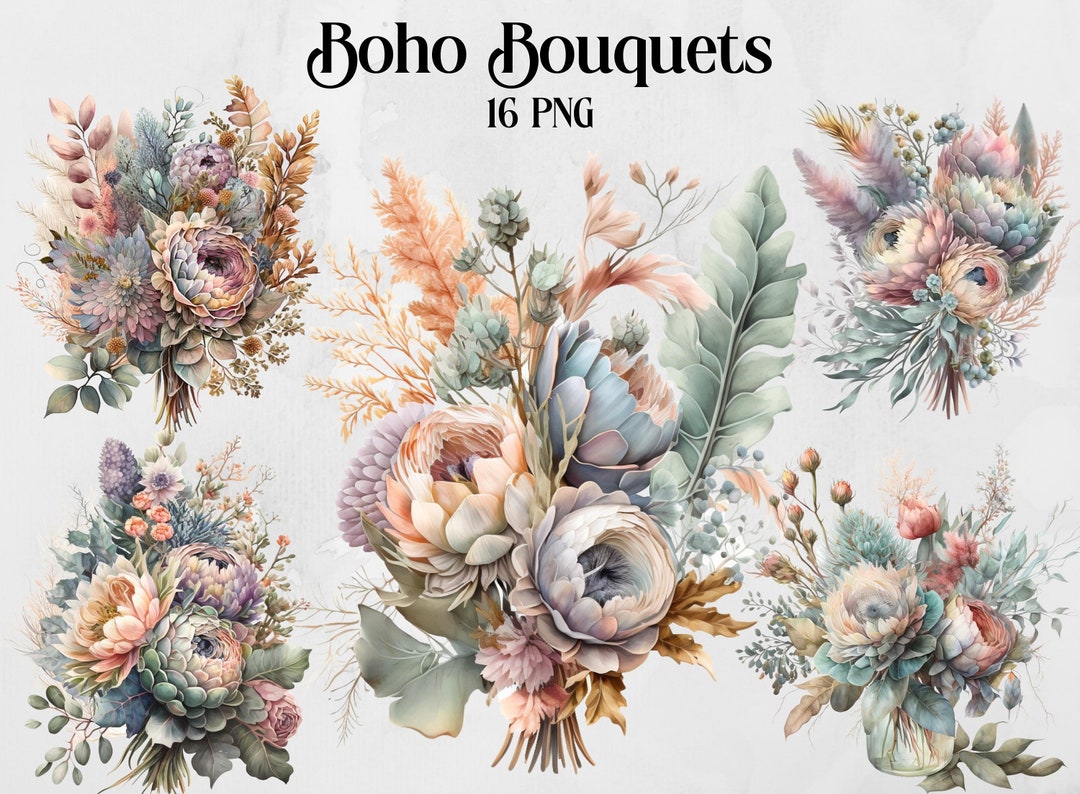 Boho Floral Clipart, Boho Wedding Decor, Fall Wedding Bouquet, Bridal ...