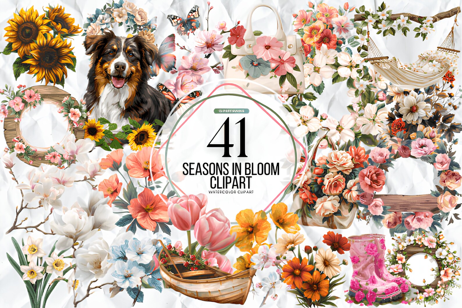 Watercolor Seasons in Bloom Clipart, Wild Flowers Floral Clipart ...