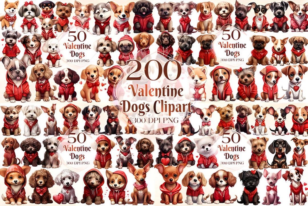 Valentine's Day Dogs Watercolor Clipart Bundle - 200 PNG Romantic Dog ...