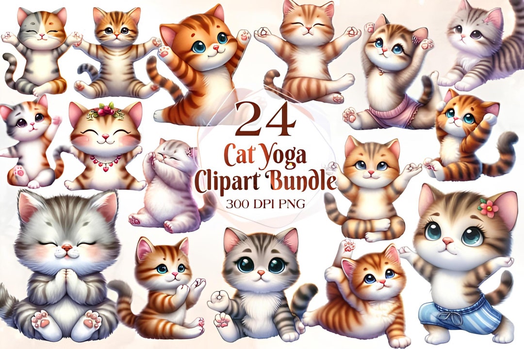 Watercolor Cute Yoga Cat Clipart Bundle Sublimation Designs Instant ...
