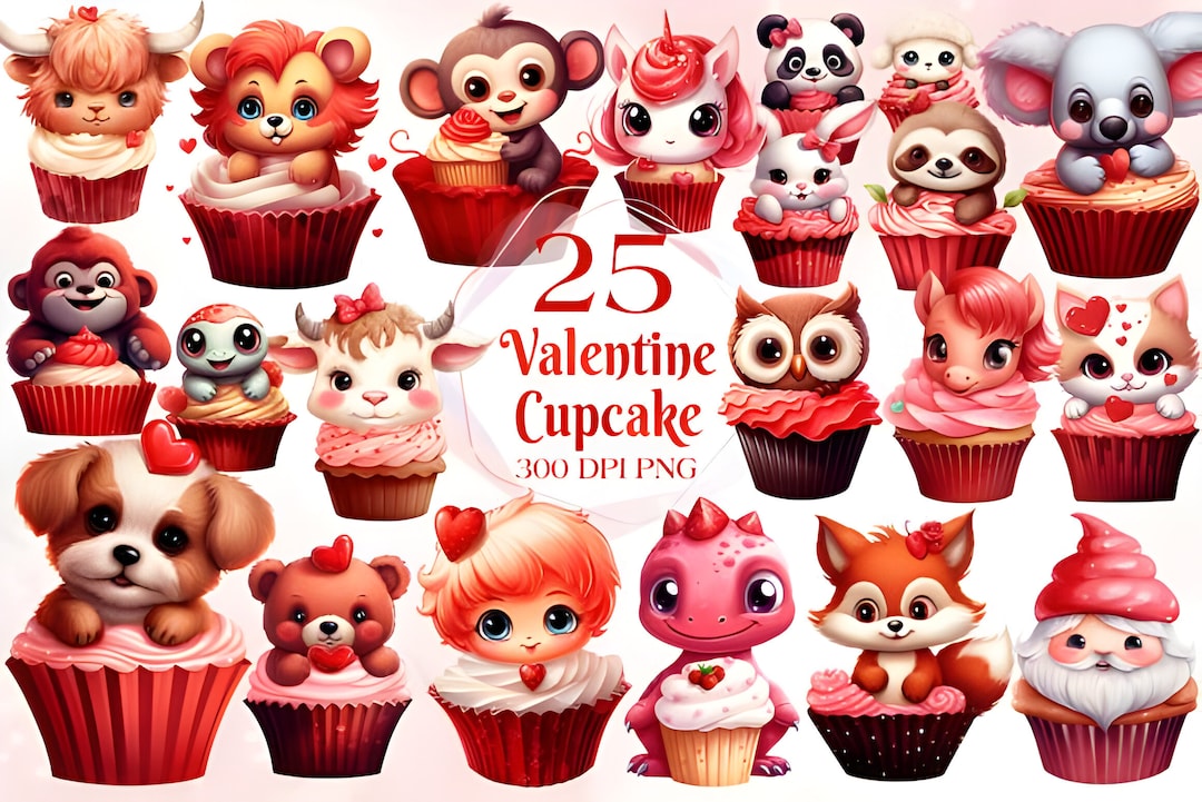 Valentine's Cupcakes Clipart - Set of Valentine's Day Cupcakes, Love ...