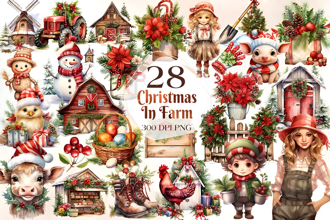 28 PNG Watercolour Farm Christmas Clipart, Christmas Cottage Farm Life ...