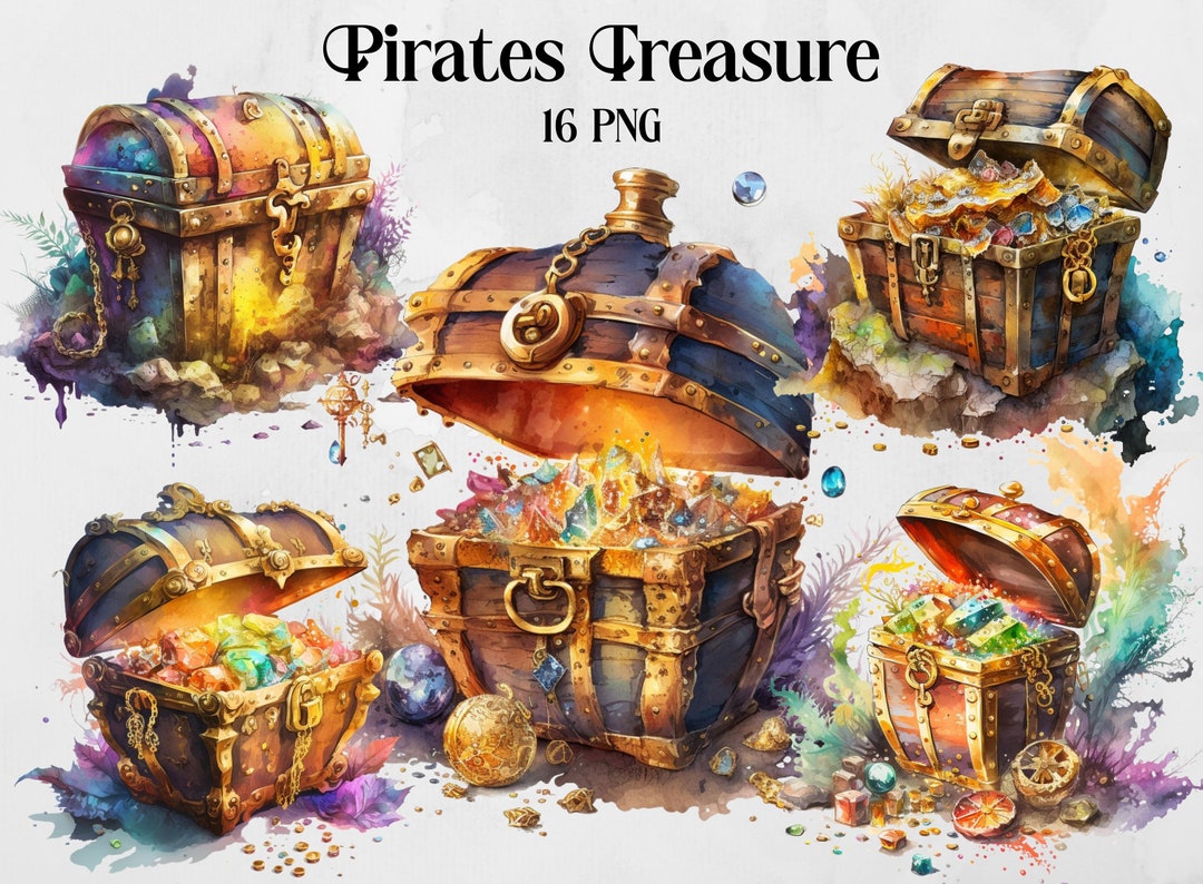 Watercolor Treasure Chest Clipart Bundle, Pirate Treasure Clipart ...