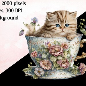Watercolour Vintage Teacup Kittens Clipart - Kawaii Cat PNG Digital ...
