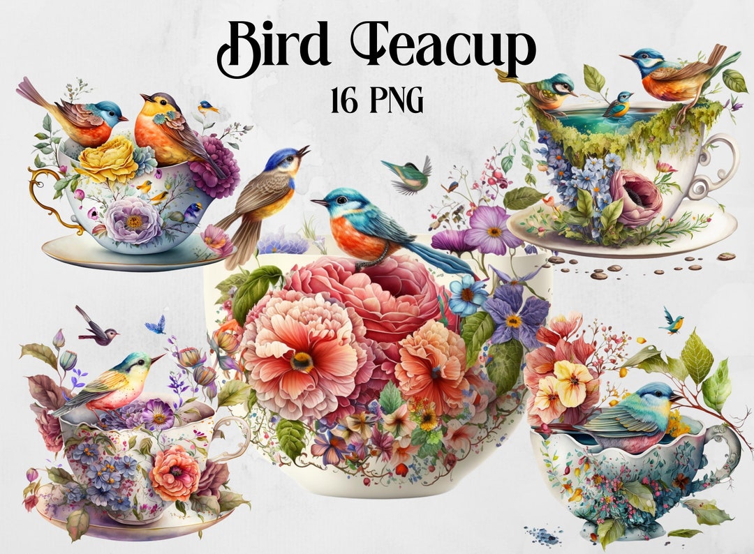 Floral Bird Teacup Clipart, Watercolor Teacup Bird Bundle, Romantic ...