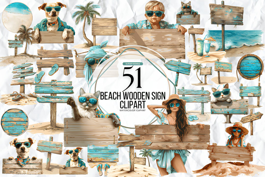Watercolor Beach Wooden Signs Clipart - Rustic Wood Sign Posts in PNG ...