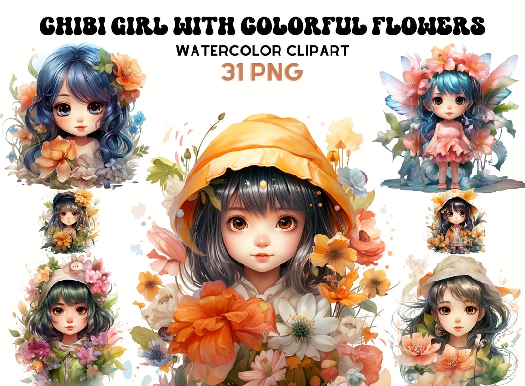Chibi Girls With Flowers, Watercolor Girls, Cute Illustrations, Digital ...