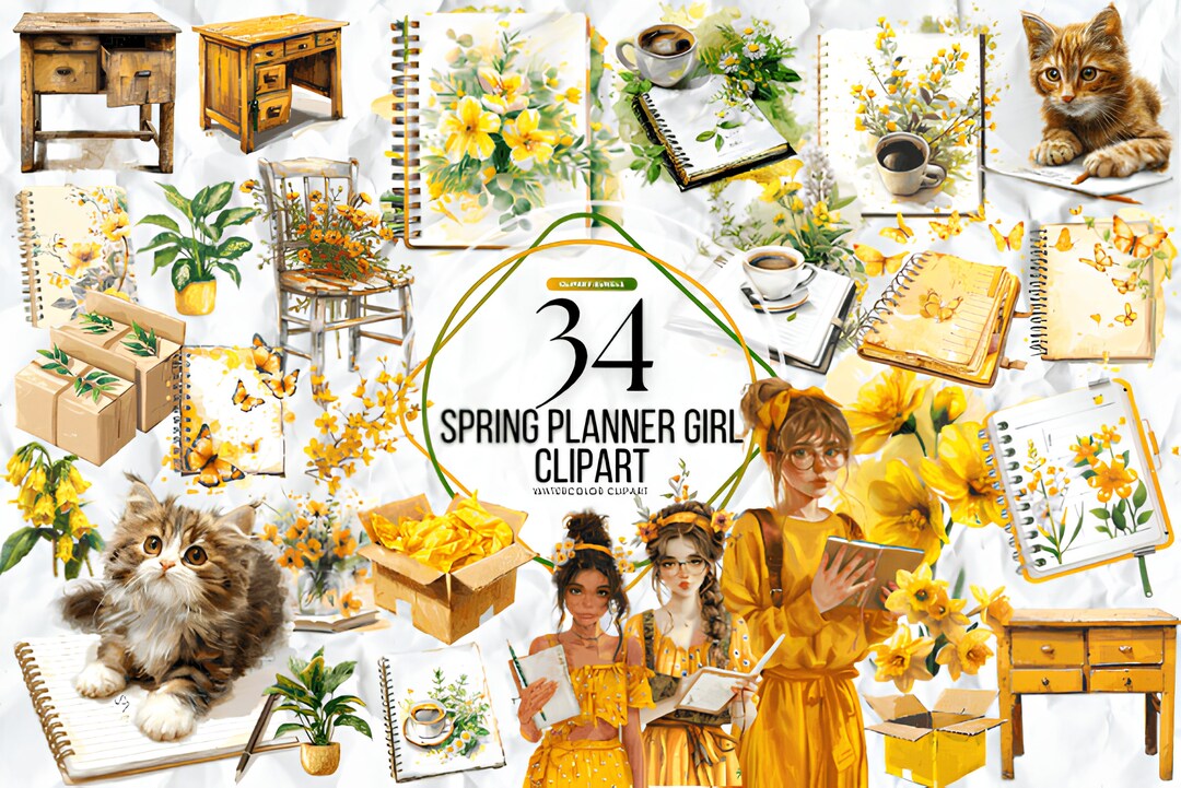 Spring Orange Planner Girl Clipart, Watercolor Coffee and Journaling ...