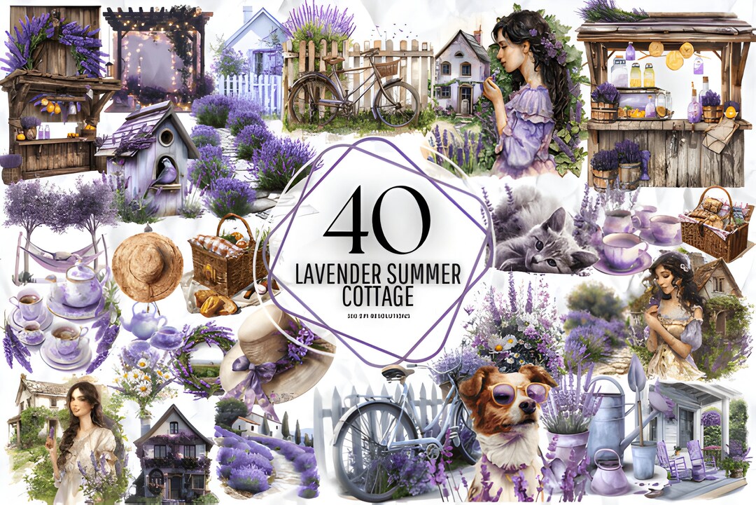Lavender Summer Cottage Core Clipart - Provence Floral Wedding PNG ...