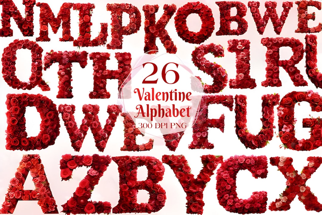 Valentine Alphabet PNG, Valentine Roses Letters Bundle, Hand Drawn ...