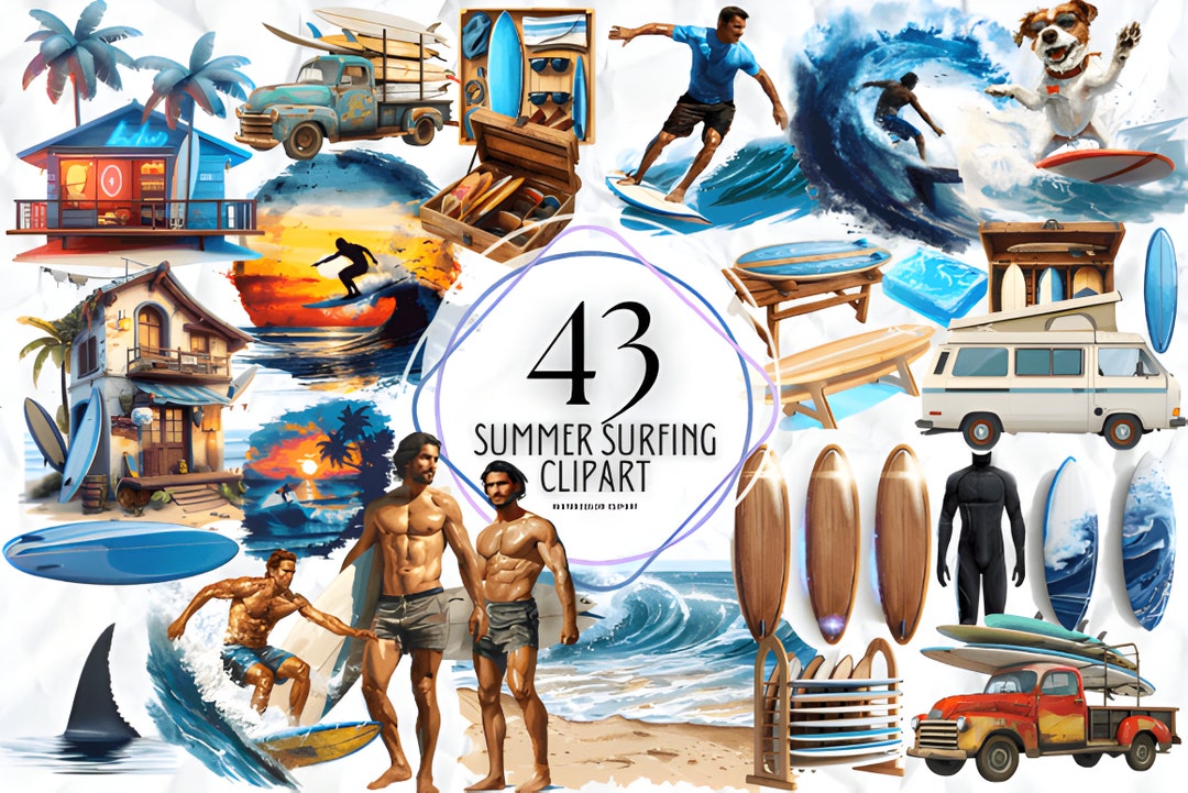 Summer Surfing Clipart - Watercolor Surfing Clipart | Surfboard, Surfer ...