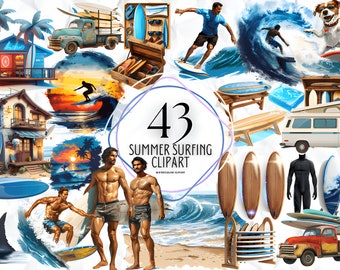 Watercolor Surfing Clipart | Surfboard, Surfer, Palm Tree, Beach, Ocean ...