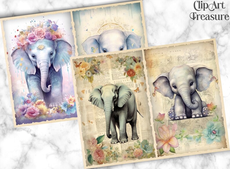 Watercolor Baby Elephant Junk Journal Printable Page, Elephant Junk ...