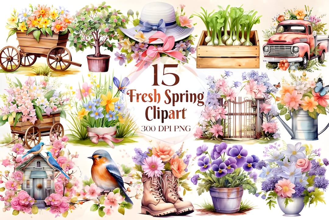Watercolor Fresh Spring Clipart Bundle, Spring Clipart, Spring Animal ...