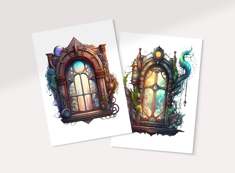Steampunk Window Clipart Stained Glass Clipart Watercolor - Etsy