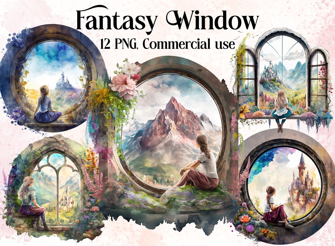 Fantasy Landscape Window Watercolor Clipart, Window Clipart, Fantasy ...