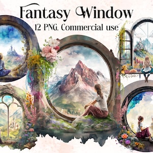 Fantasy Landscape Window Watercolor Clipart, Window Clipart, Fantasy ...