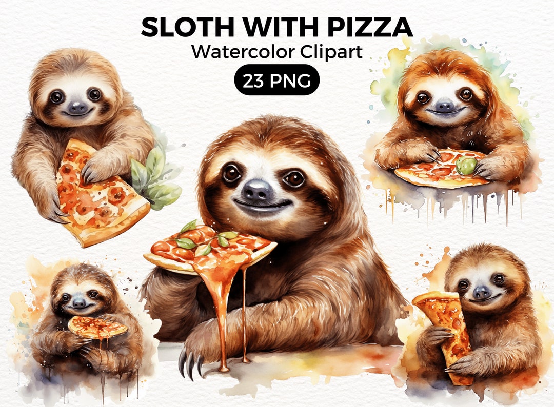 Cute Watercolor Pizza Sloth Clipart- 25 PNG Sloth Graphic Elements With ...