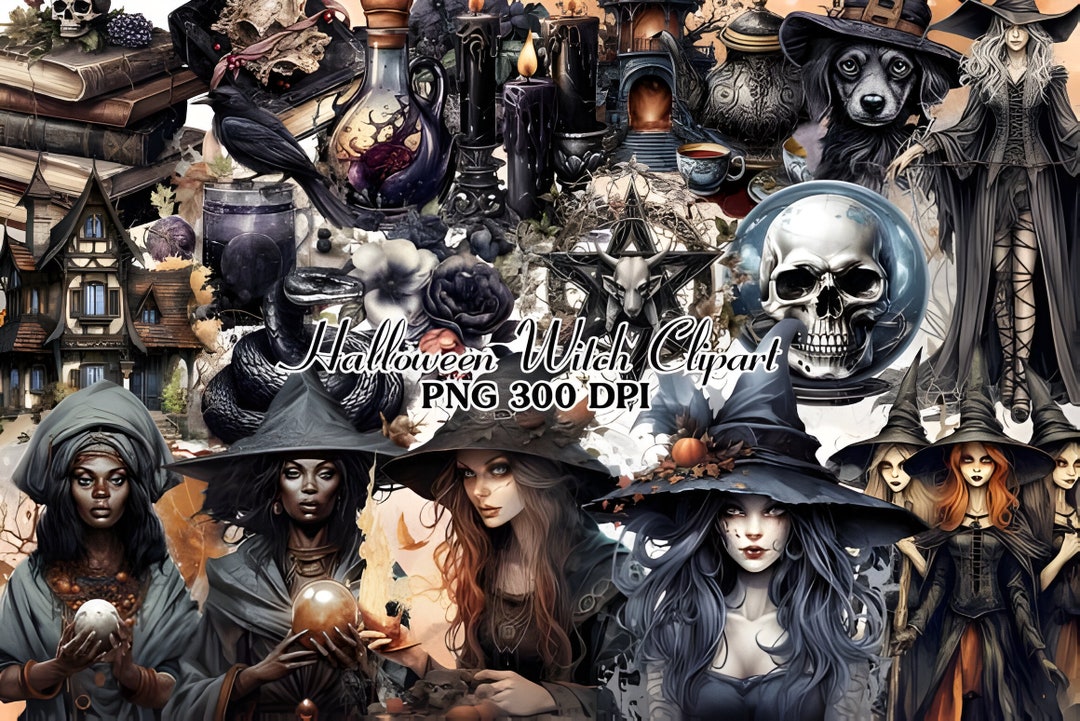 Halloween Witch Clipart Bundle, Zombie Witch PNG, Scary Watercolor ...